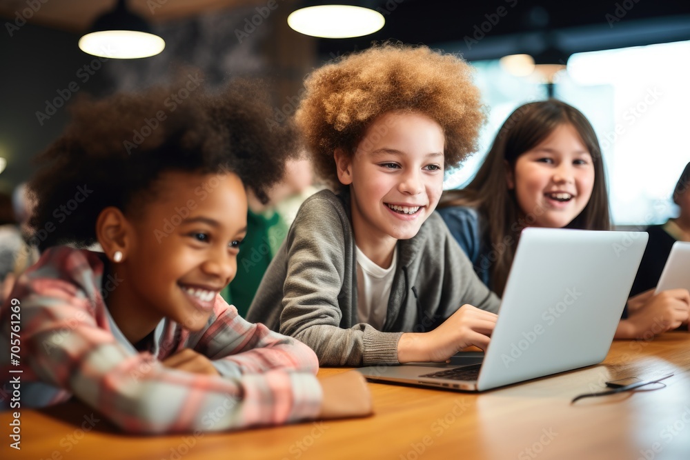 Portrait of a group of children using a laptop in a cafe, Enthusiastic ...