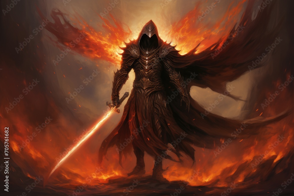 Fantasy illustration of a fantasy knight with a sword in the fire ...