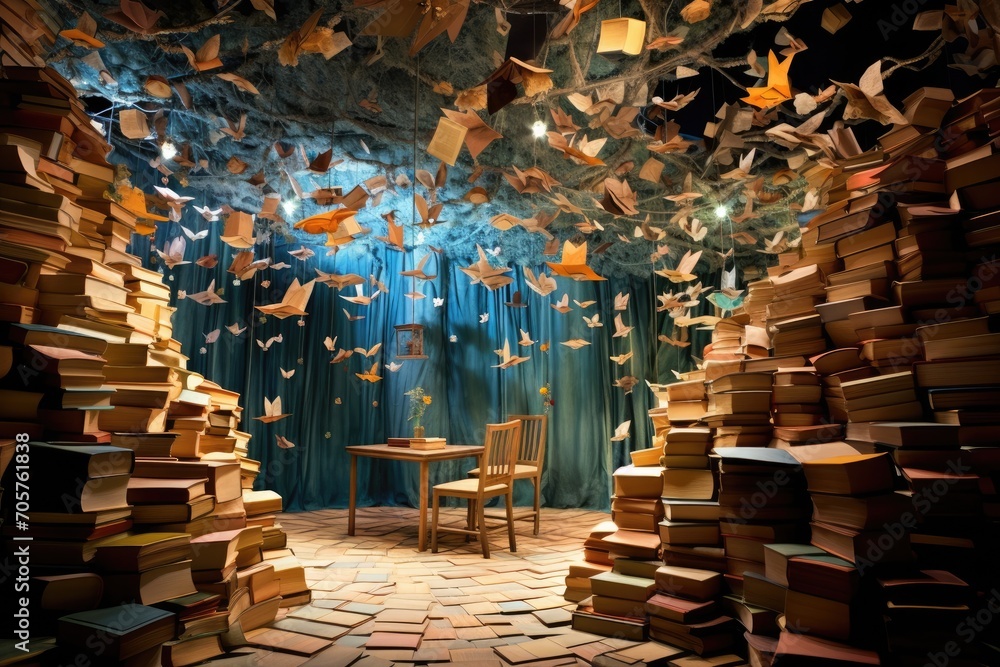 Pile of old books in a room with blue curtains. 3d rendering, Enter a ...