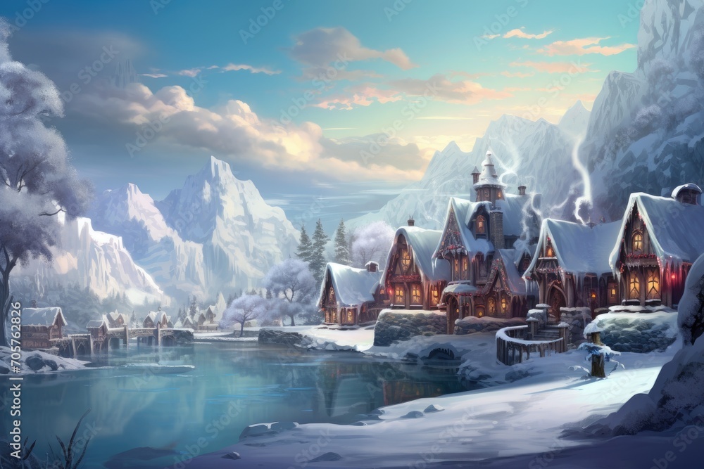 An exquisite painting capturing the serene beauty of a snowy village ...