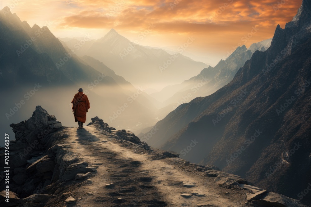 A solitary figure stands on a mountain peak, captivated by the stunning ...