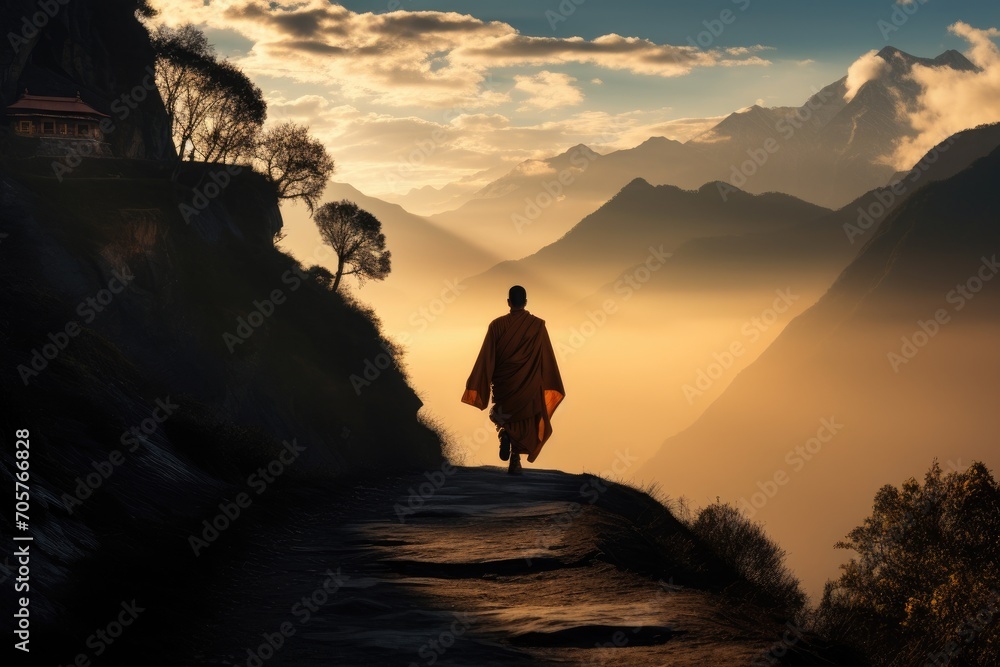 A person hikes up a hill, enjoying the breathtaking view of majestic ...