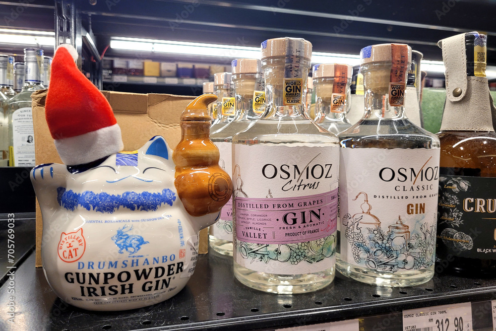 PENANG, MALAYSIA - 1 DEC 2023: A variety of gins is displayed on store ...