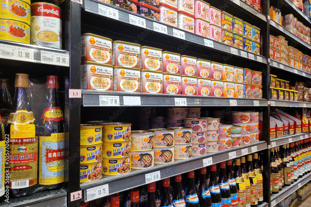 PENANG, MALAYSIA - 1 DEC 2023: Many types of canned ham and Chinese ...