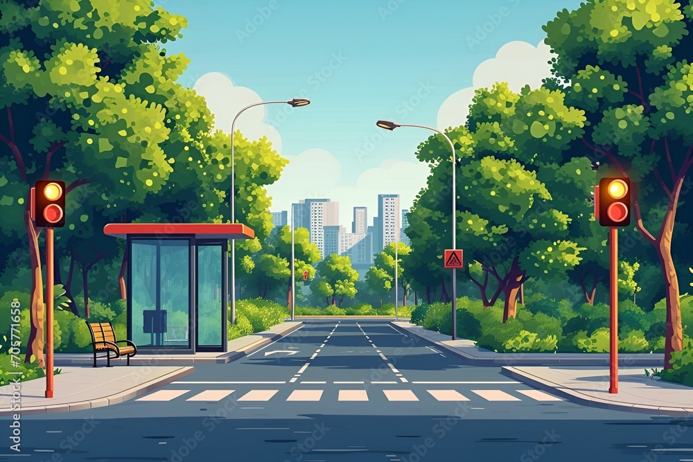 City street with road crossing and park. Vector cartoon illustration of ...