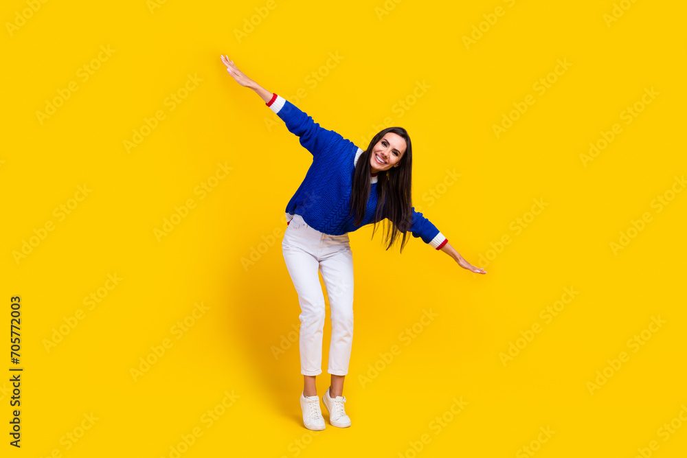 Full body length photo of mature age hispanic lady standing tiptoes ...