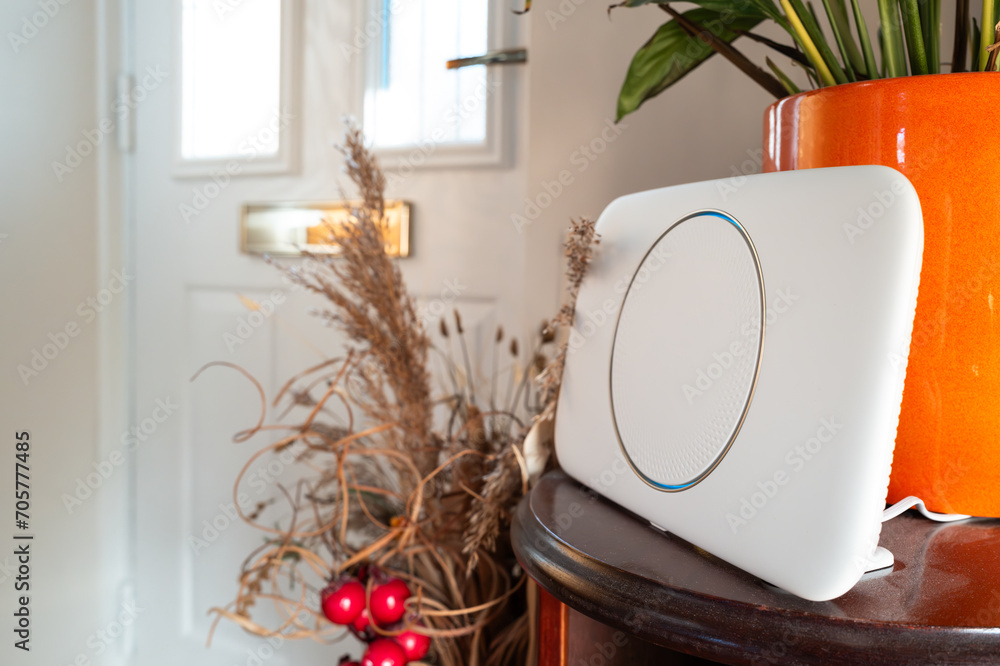 Shallow focus of a generic, dual-band WiFi broadband router seen on a ...