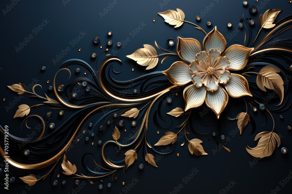 a gold flower on a black background with gold leaves and pearls on the ...
