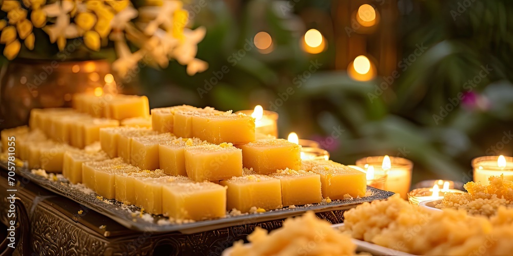 Mysore Pak Brilliance: A dessert table featuring the iconic South ...
