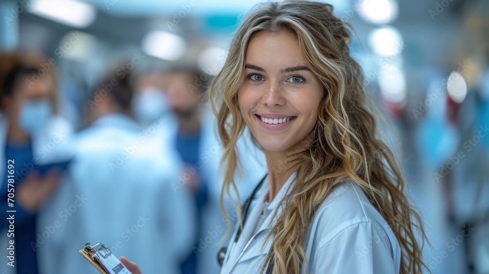 Female medical student is on the job clinical learning with ...