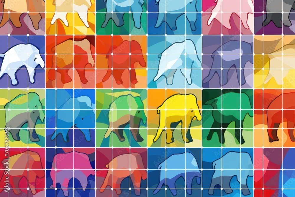 a bunch of different colored elephants in a square pattern with a white ...