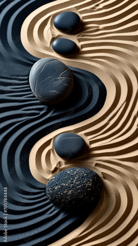 Japanese garden. Grey, Black smooth stones laid on Sand waves. Zen ...