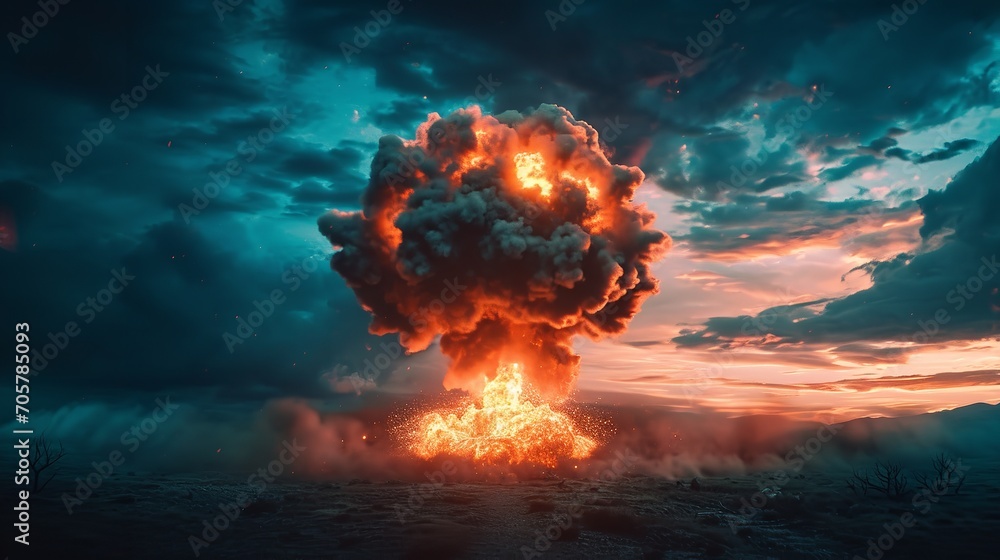 A nighttime nuclear detonation shock wave and stormy sky with a nuclear ...