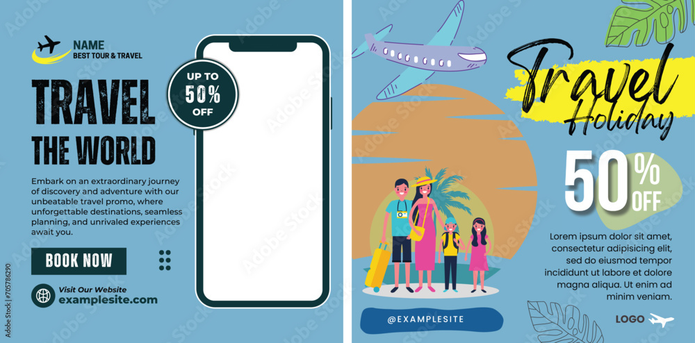 Travel vector background design. Let's go travel text with 3d world ...