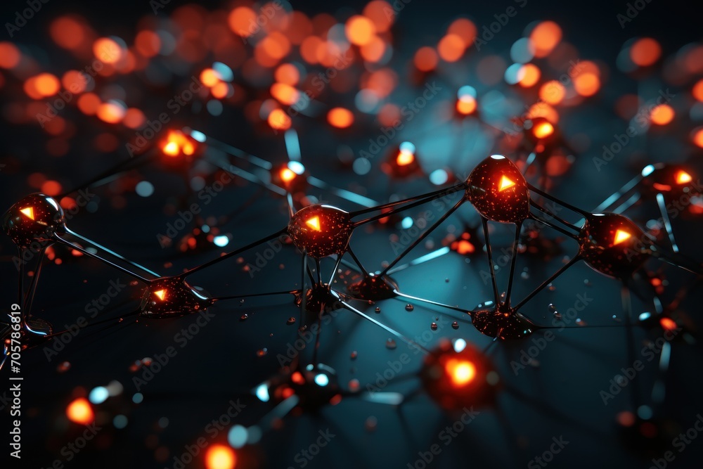 a close up of a network of orange and blue dots on a black background ...
