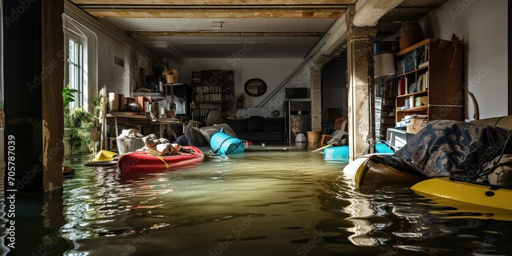 Water damage in the basement following a flood, with objects floating ...