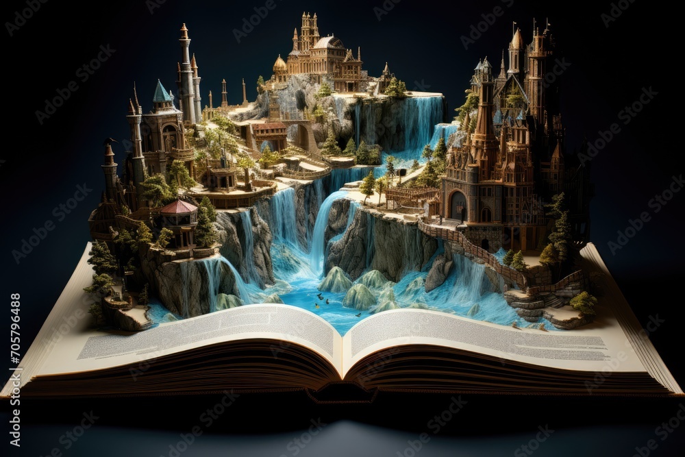 Open book with fantasy castle on black background. Fantasy world. Fairy ...