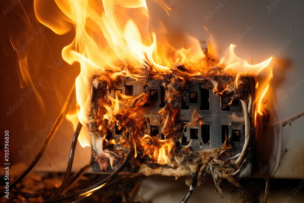 Burning electrical outlet in the wall of the house, close-up, Faulty ...