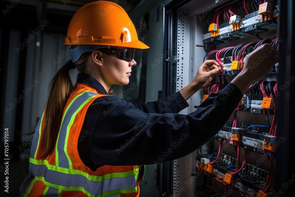 Female technician working on an electrical panel in a server room ...