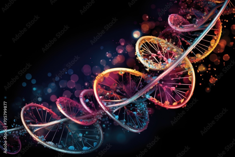 Digital illustration DNA structure in colour background with lights ...