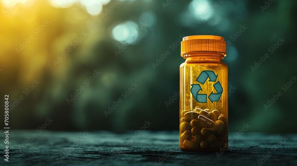 An eco-friendly medical pill bottle featuring a prominent recycling ...