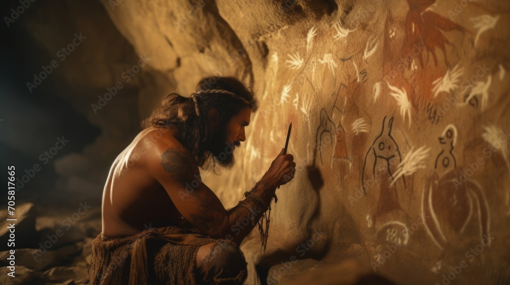 Primeval Caveman Wearing Animal Skin Standing in His Cave At Night ...