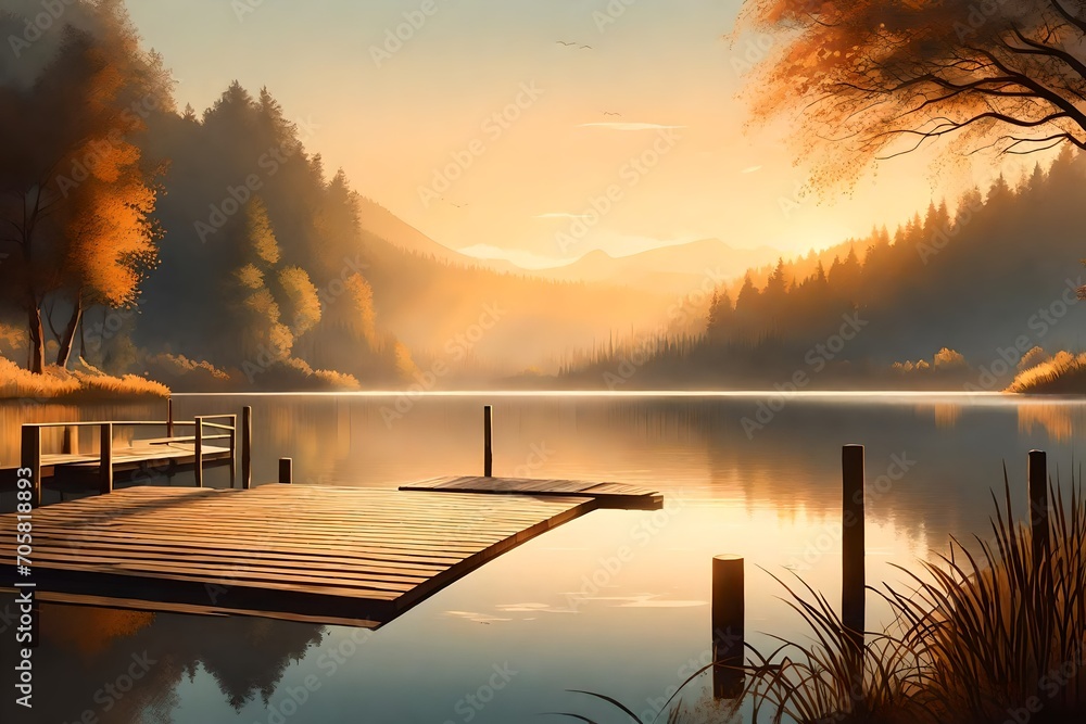 A tranquil and minimalist scene of a serene lake dock during golden ...
