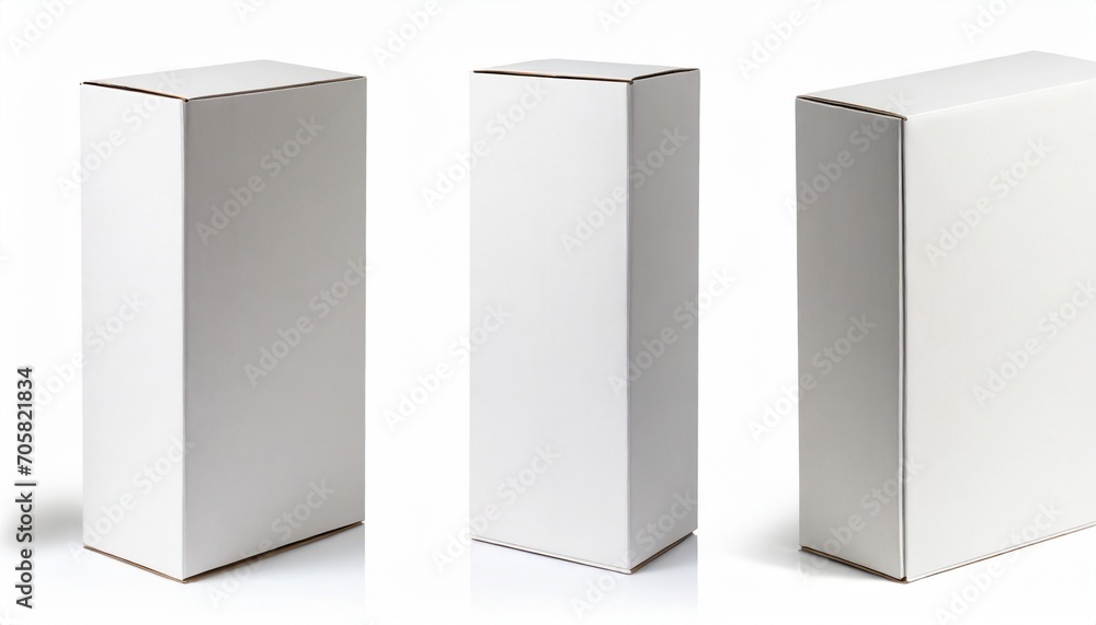 set of white box tall shape product packaging in side view and front ...