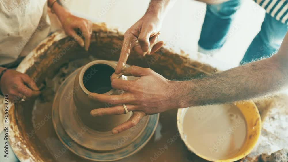 People, hands and clay for pottery, mold or ceramics in creativity, art ...