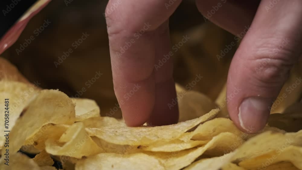 Man hand takes potato chips close-up on a black background. Male ...