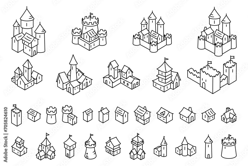 Medieval city isometry buildings. Elements of the map. Middle Ages ...