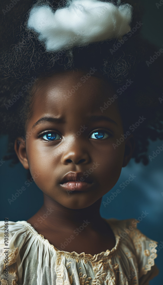 Cute dark-skinned child with a cloud on her head, girl with emotion ...