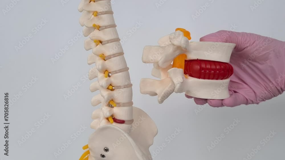 Doctor hand with an artificial herniated disc and a model of spine ...
