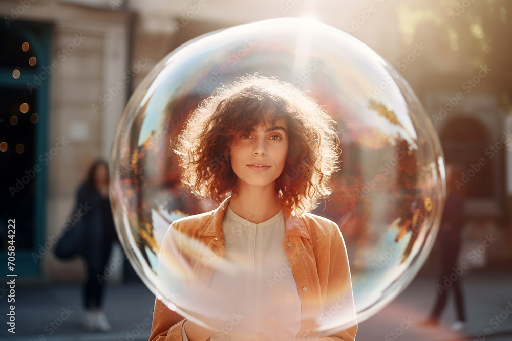 Woman inside a big soap bubble, introvert, loner, living in solitude ...