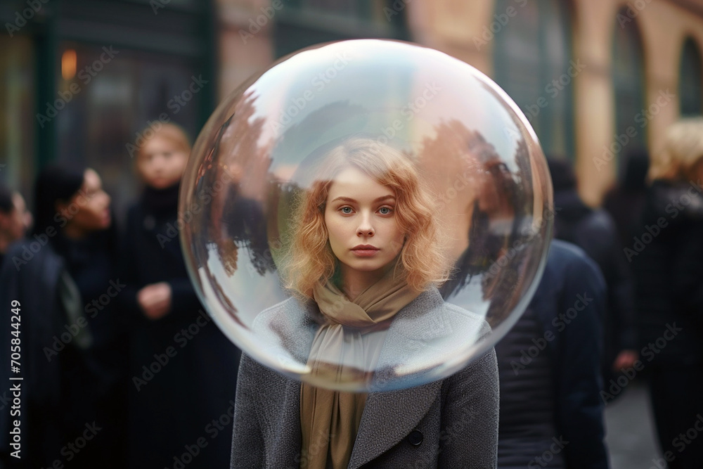 Woman inside a big soap bubble, introvert, loner, living in solitude ...