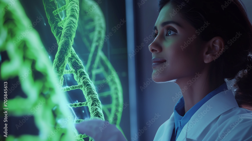 Female Indian Scientist in Lab Analyzing Green DNA Helix Projection ...