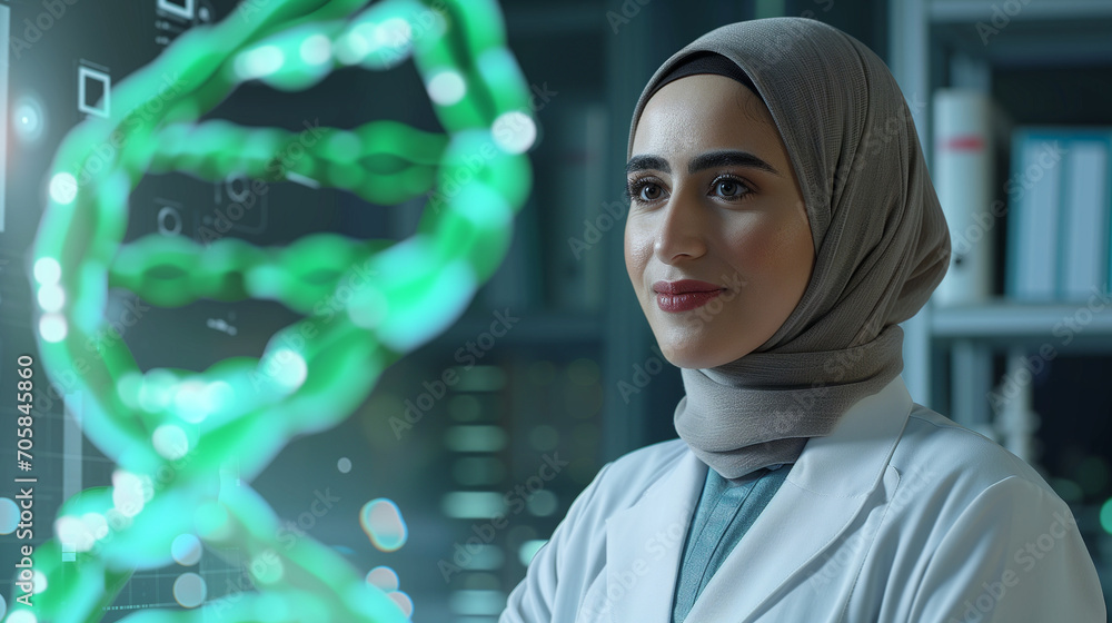 Middle Eastern Female Scientist in Hijab Examining Green DNA Helix ...