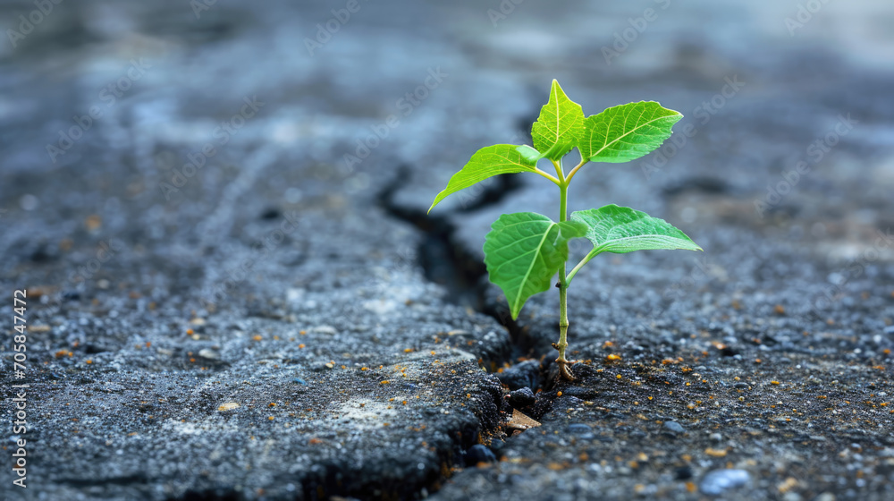 A tiny plant breaking through concrete with vibrant green leaves ...