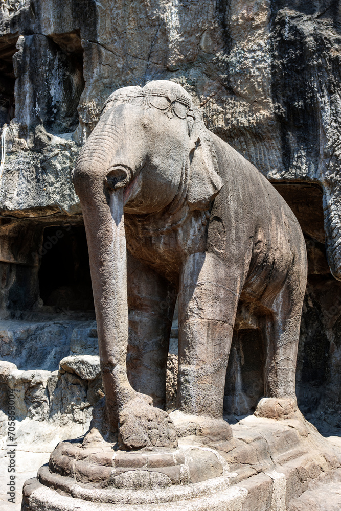Big stone elephant statue inside of cave 32, a Jain temple in Ellora ...