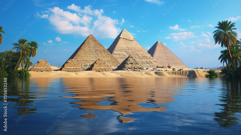 Pyramids in ancient Egypt during the flooding of the Nile. Stock ...