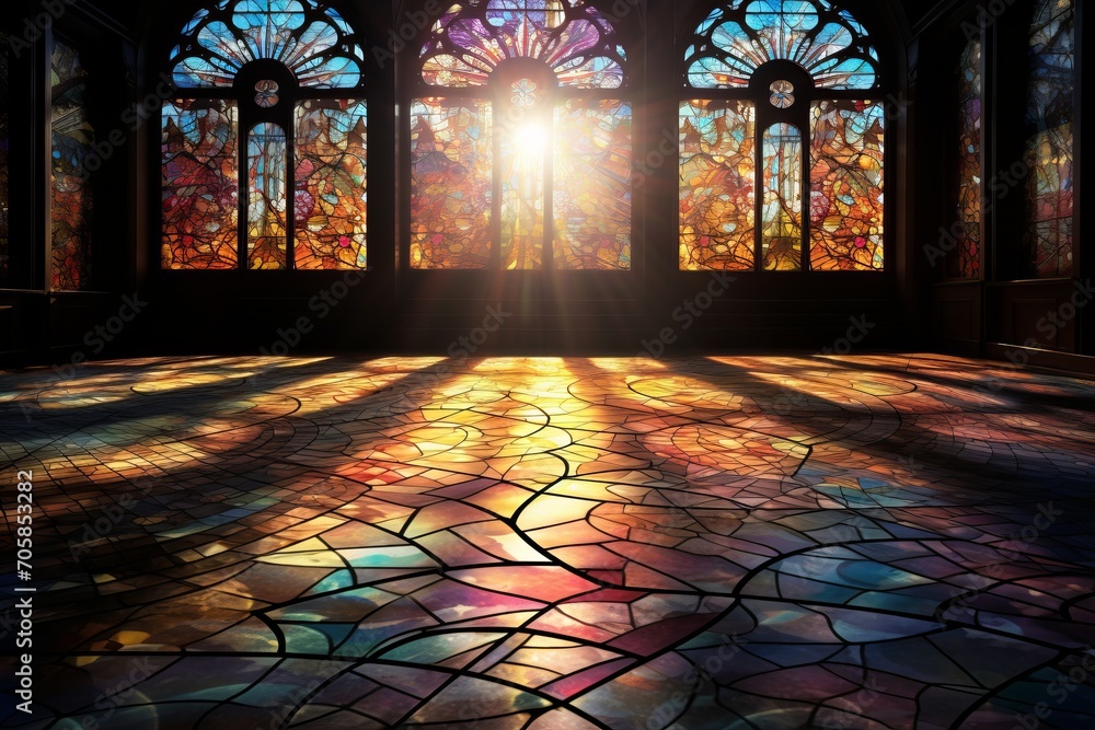 Rays of bright sun pass through colored stained glass, reflection on the floor from colored ...
