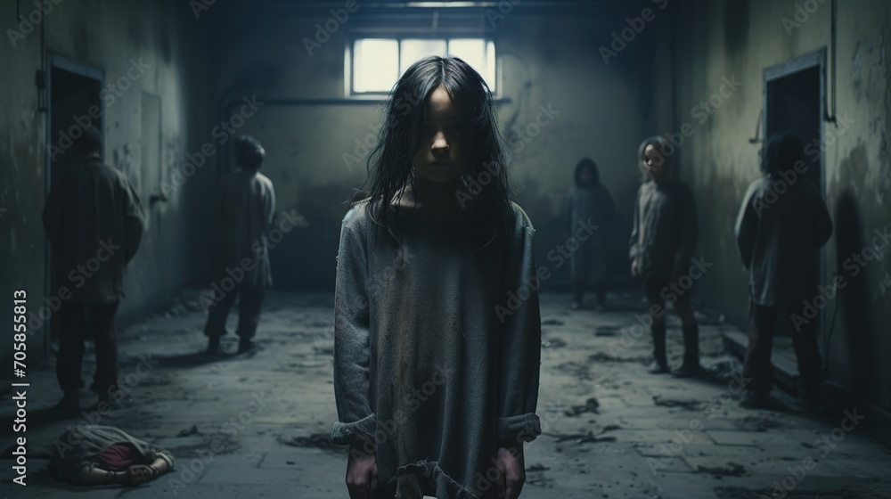 Little sad girl hidden or locked in the basement. Human trafficking and ...