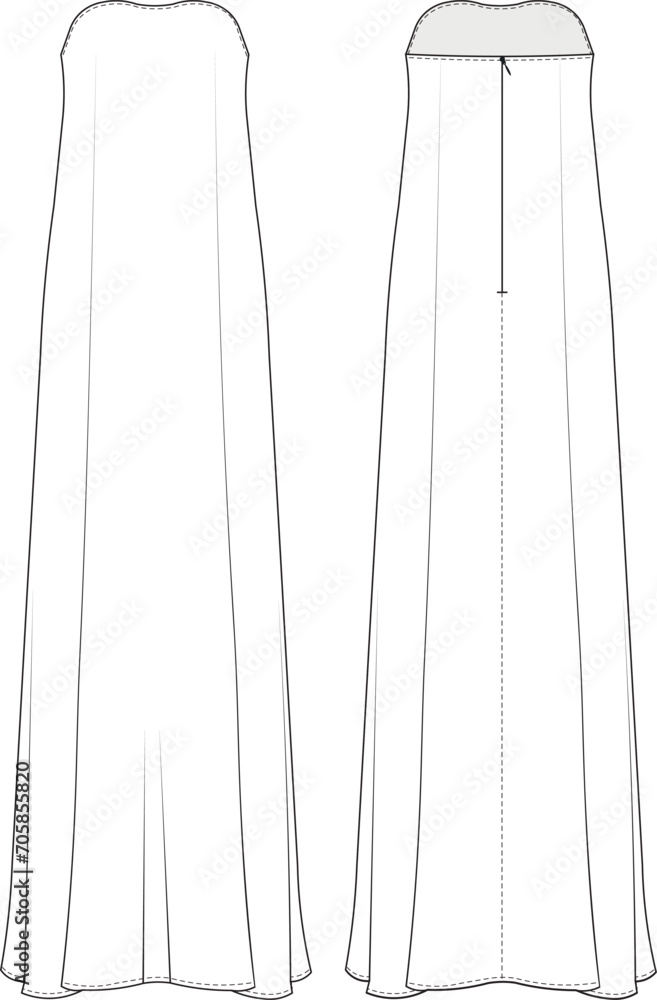 strapless sleeveless sheath long maxi dress template tecnical drawing ...