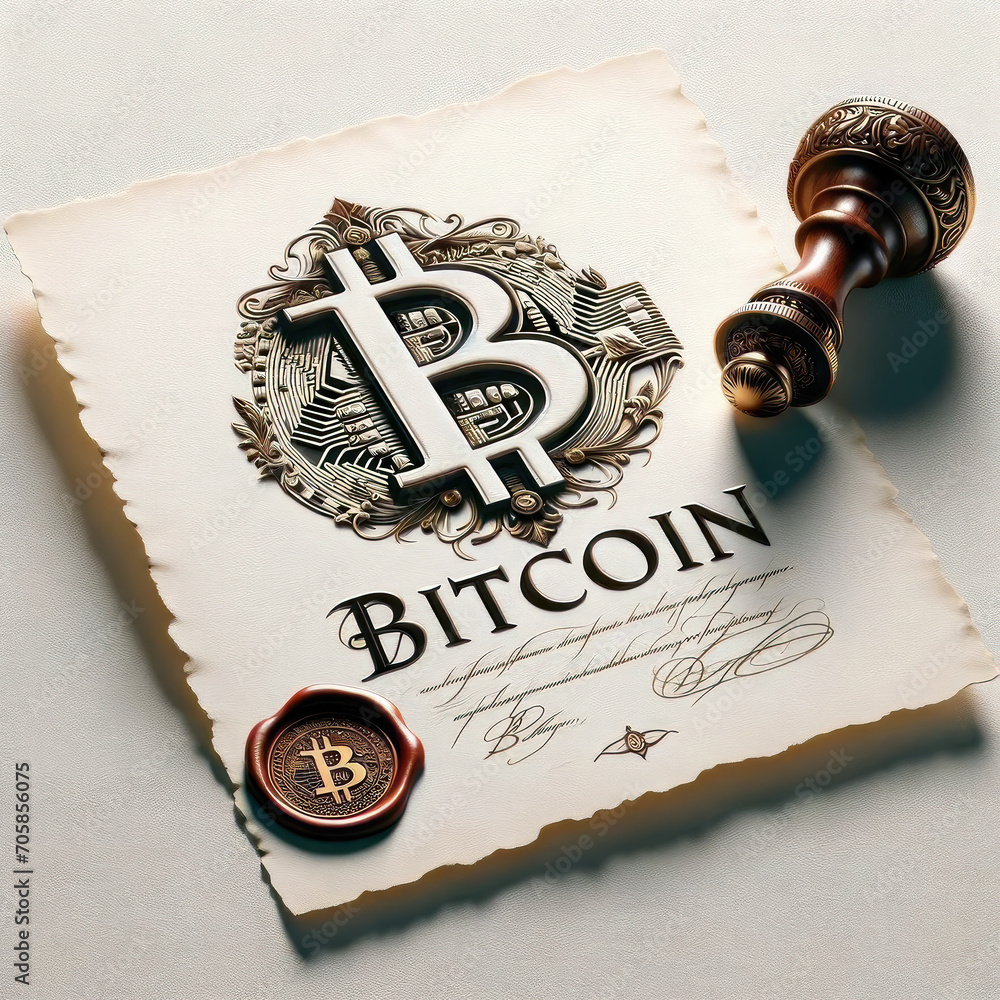 Bitcoin white paper in old fashioned style with bitcoin symbol stamped ...