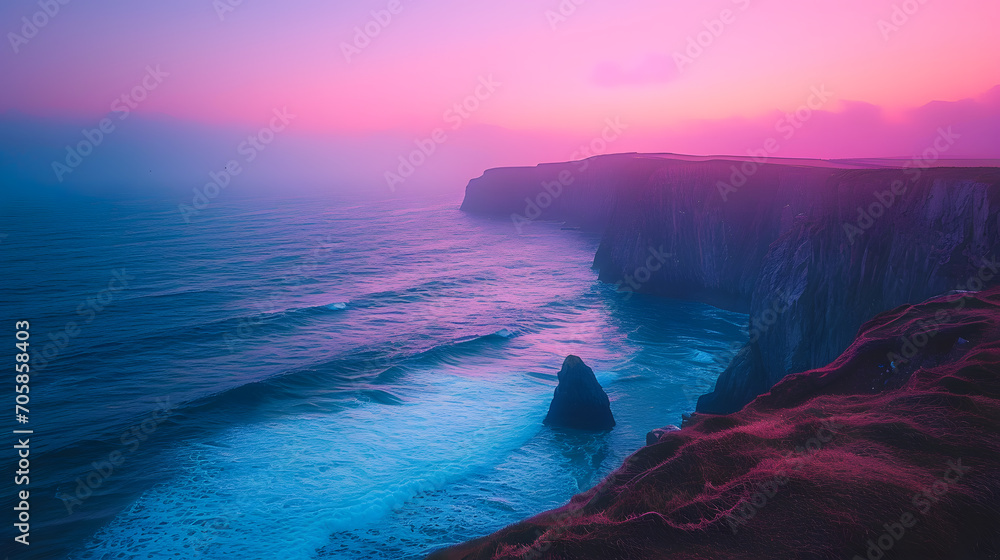 A cliffside view, with gradient neon oceans and pastel skies, during an ...