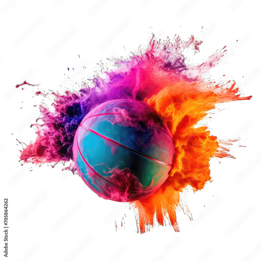 basketball in explosion of colored neon powder, symbolizes the sport of ...