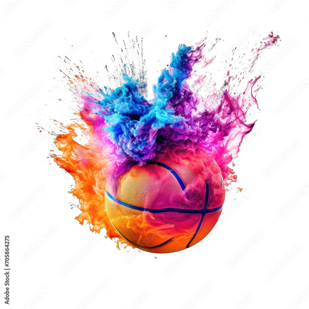 basketball in explosion of colored neon powder, symbolizes the sport of ...