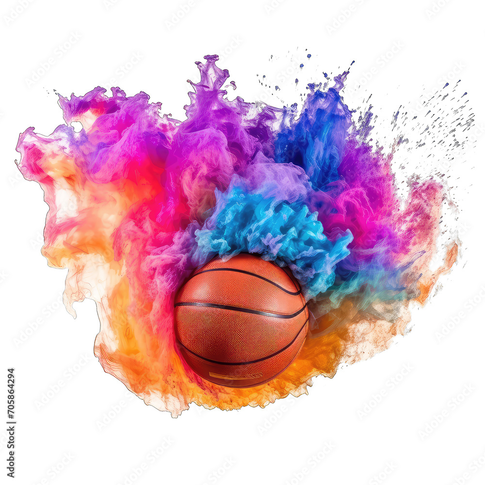 basketball in explosion of colored neon powder, symbolizes the sport of ...