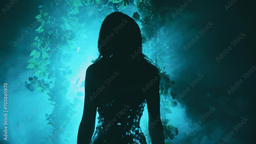 dark silhouette fantasy woman goes to bright magical divine blue moon ...