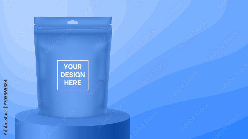 Zip bag or pouch mockup on a blue abstract background. Wavy pattern and ...